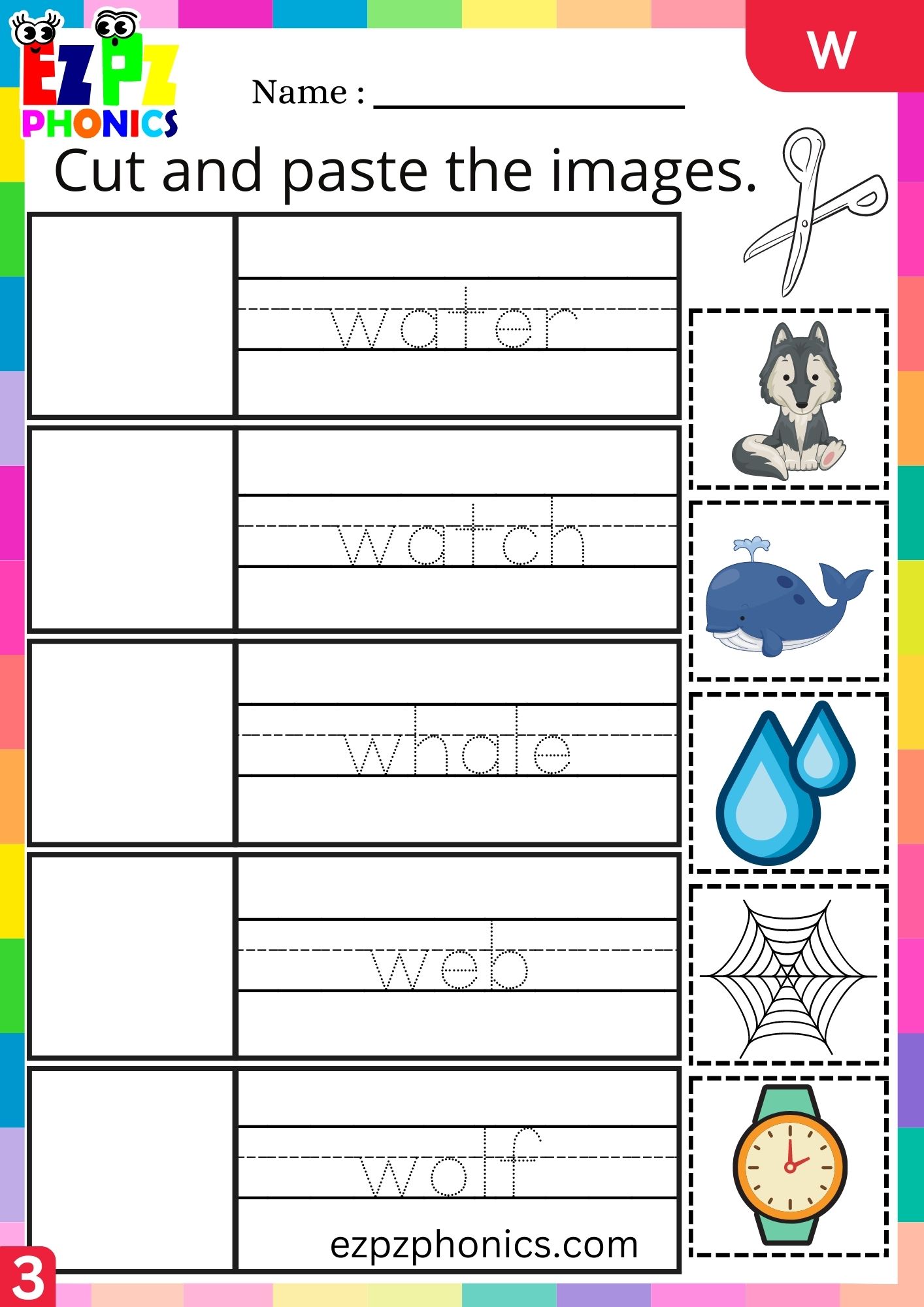 Letter w Cut and Paste the Images and Write the Words Group 3 - ezpzphonics.com